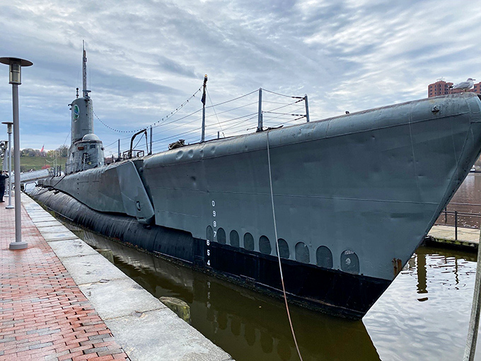 The USS Torsk greets visitors with its fierce shark-mouth paint job – a not-so-subtle reminder that this predator once hunted enemy ships beneath the waves.