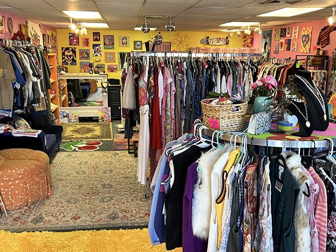 Step into a technicolor dreamland where vintage treasures await around every corner. The yellow and pink walls practically radiate good vibes.
