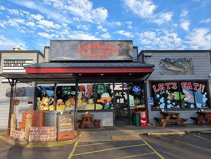 The neon glow of Fisherman's Market beckons like a lighthouse for hungry souls. Those picnic tables outside aren't just seating—they're stages for impending seafood euphoria.