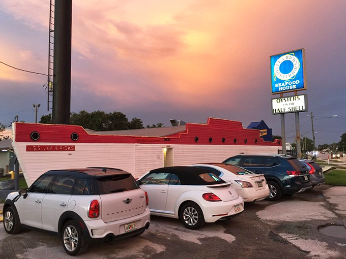 The U.S.S. Lee & Rick's sails proudly on dry land, its boat-shaped exterior promising seafood treasures within. No fancy harbor needed—just an appetite for adventure.