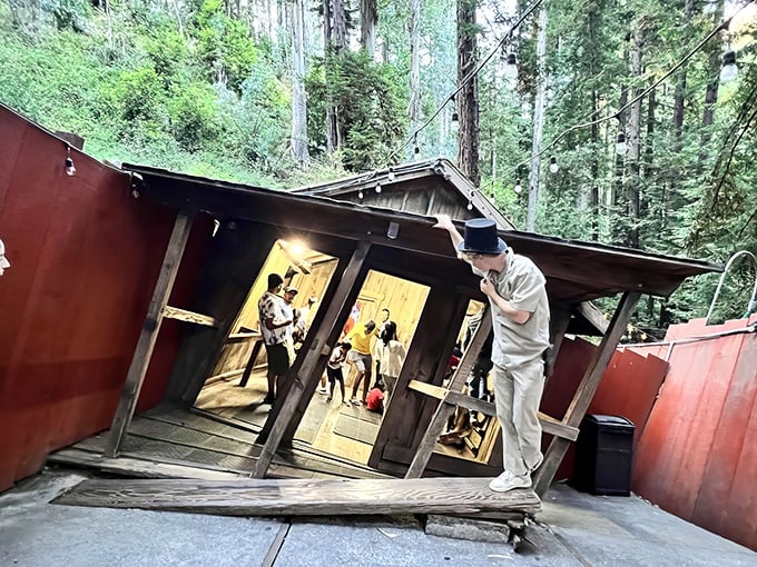 The Mystery Spot's vibrant welcome center looks like a portal to another dimension, complete with alien artwork that sets the perfect tone for weirdness ahead.
