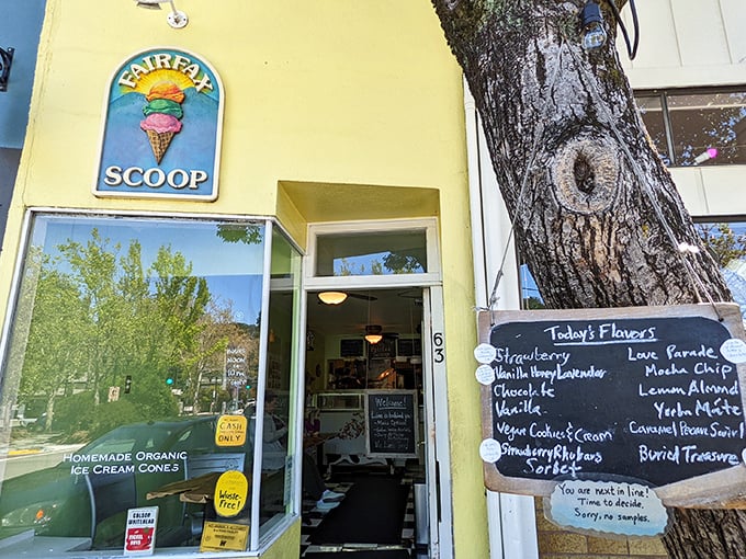 The sunshine-yellow exterior of Fairfax Scoop isn't just a building—it's a happiness headquarters where ice cream dreams come true.