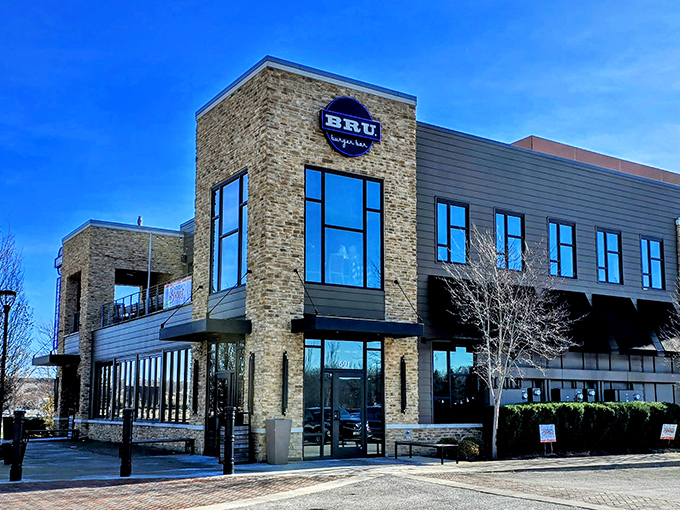 Bru Burger Bar's striking stone-and-glass facade makes a bold architectural statement in Westerville, like a delicious fortress dedicated to the noble burger arts.