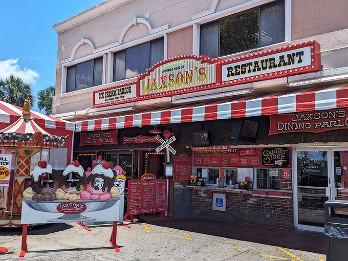 The red and white striped awning of Jaxson's isn't just decoration—it's a beacon calling to ice cream lovers from miles around.