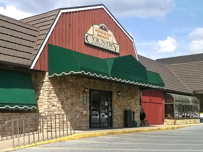 The iconic red barn structure of Oregon Dairy's restaurant welcomes hungry travelers like a beacon of breakfast hope in Lancaster County's rolling farmland.