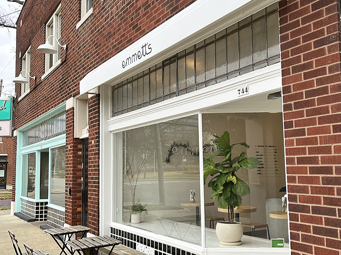 Minimalist charm in brick and mortar—Emmett's unassuming exterior belies the breakfast revolution happening inside this Columbus hotspot.