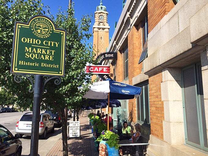 The iconic clock tower of Ohio City Market Square stands sentinel over the West Side Market Café, promising culinary adventures within those brick walls.