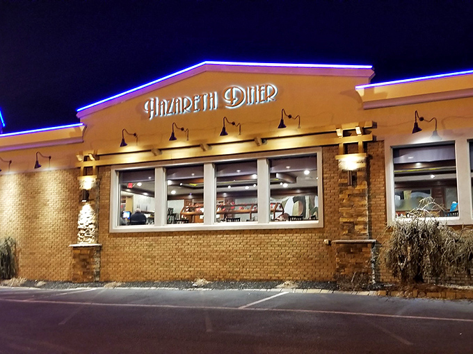 The brick façade and distinctive red signage of Nazareth Diner stands as a beacon for hungry travelers. Pennsylvania comfort food has found its perfect home.