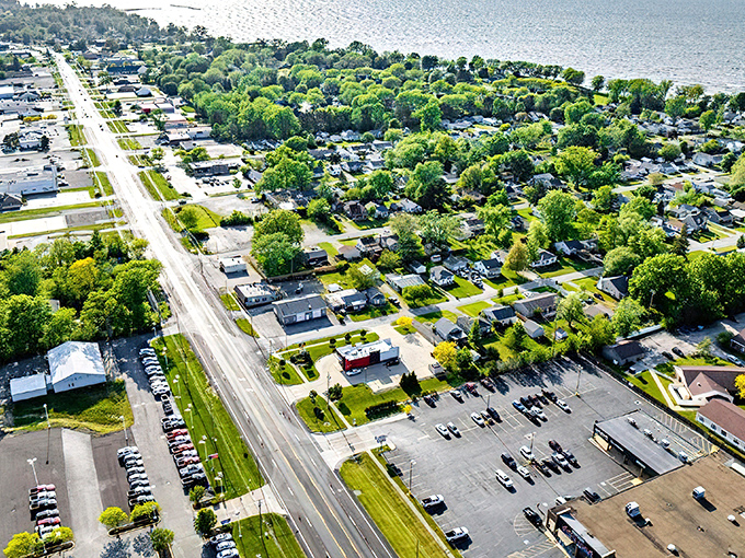 Vermilion from above looks like someone scattered a perfect model town alongside Lake Erie's shimmering waters. Small-town charm with big-time views.
