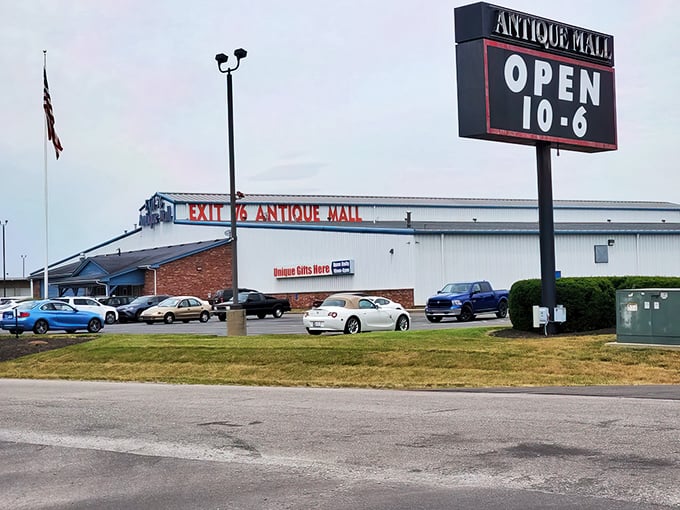 The unassuming exterior of Exit 76 Antique Mall belies the wonderland within. Like finding a treasure chest disguised as a shoebox.
