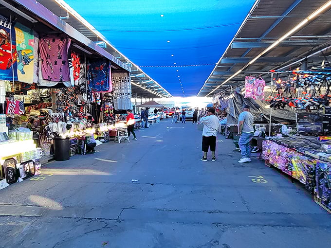 Blue tarps create a desert oasis of shade as shoppers navigate this treasure-filled labyrinth. The hunt is half the fun!