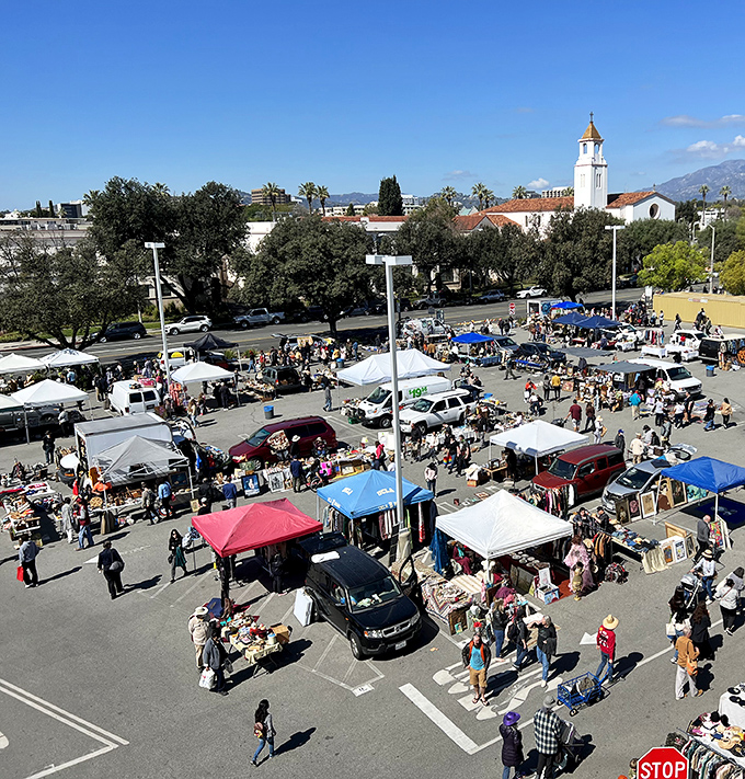 From above, the PCC Flea Market transforms a college parking lot into a treasure hunter's paradise where one person's castoffs become another's conversation piece.