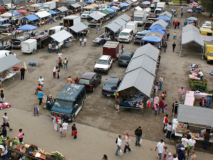 An aerial view reveals the bustling heart of Plant City's market ecosystem—trucks laden with fresh harvests creating a colorful patchwork of agricultural abundance.