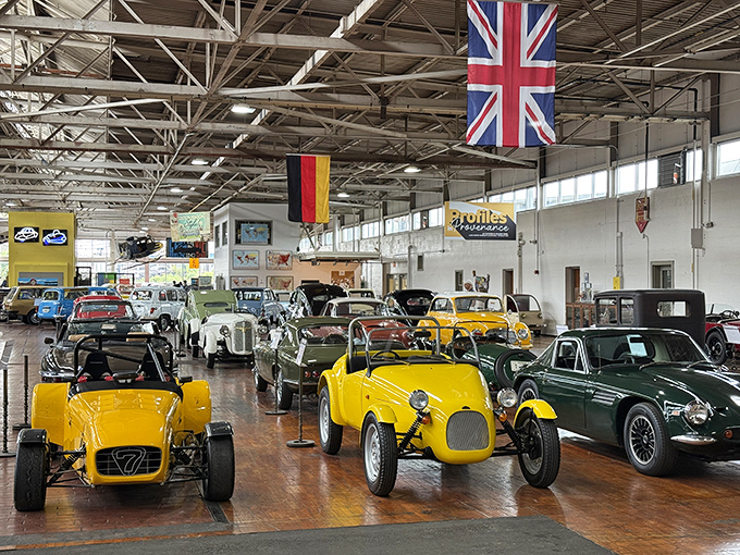 The automotive equivalent of Willy Wonka's factory, minus the Oompa Loompas. European flags hang proudly over this wonderland of wheeled oddities.
