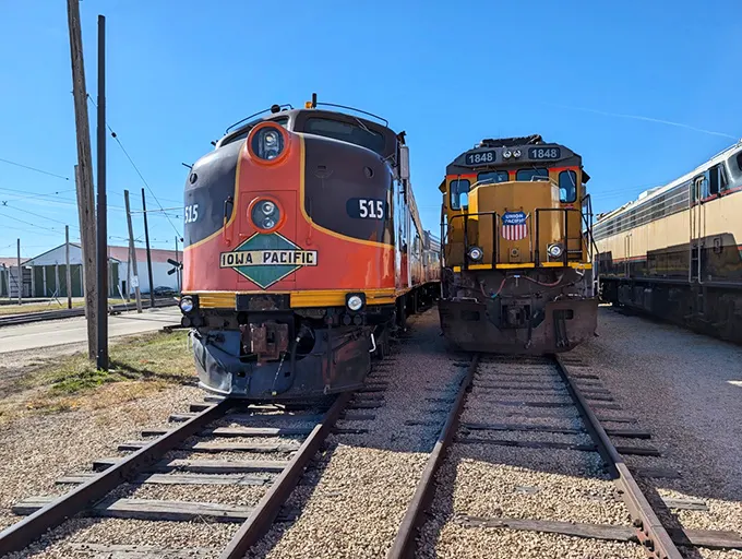 The gleaming yellow Union Pacific locomotive #1848 and the vibrant orange Iowa Pacific #515 stand side-by-side, like 200-ton time machines waiting to whisk you back to railroading's golden age at this fascinating Illinois museum.