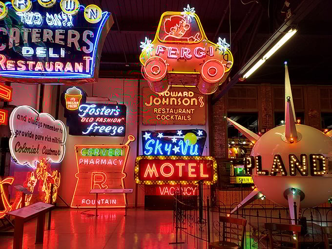 Step into this glowing wonderland where neon dreams come alive. The museum's main hall recreates a vintage American Main Street bathed in electric nostalgia.
