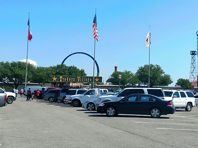 The iconic green and gold entrance sign welcomes bargain hunters to what locals call "The Wild West of Shopping" in Grand Prairie.