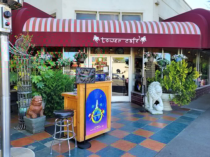 The entrance to Tower Café feels like stumbling upon a secret garden oasis, complete with guardian statues and a red awning that practically winks at you.