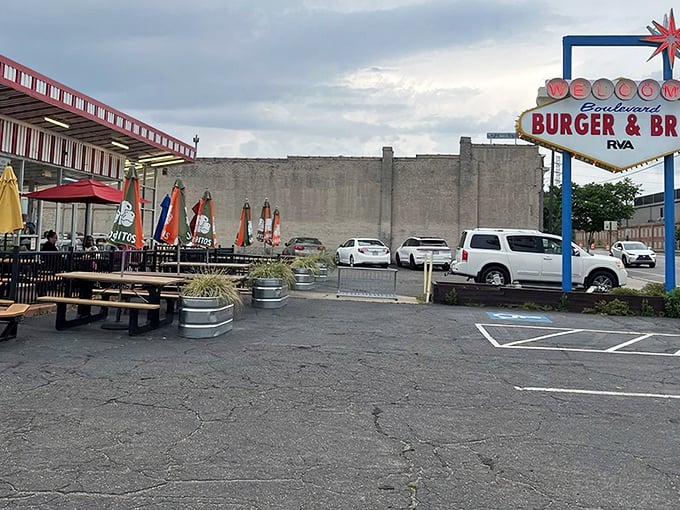 That iconic Vegas-inspired sign isn't just eye-catching—it's a beacon for burger lovers across Richmond, promising retro charm and serious satisfaction.