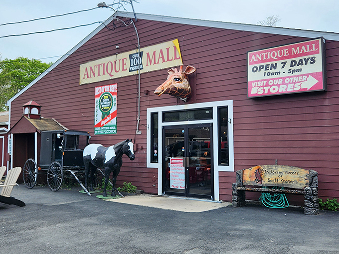 The burgundy barn with its whimsical giraffe head and horse statue isn't just quirky curb appeal—it's a siren call to treasure hunters everywhere.