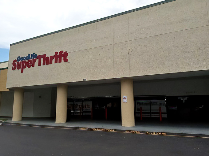 The unassuming exterior of GoodLife SuperThrift belies the treasure trove within. Florida's bargain hunters know this facade hides a secondhand paradise waiting to be explored.