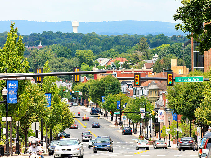 From above, Ephrata reveals its perfect small-town geometry where every street has a story to tell.