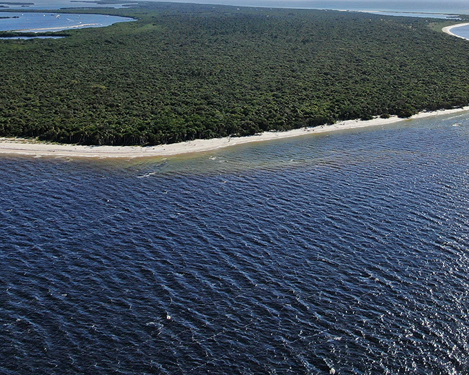 Nature's perfect sandwich: lush green wilderness nestled between azure waters. From above, Cayo Costa looks like Florida before humans discovered air conditioning.