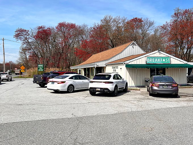 Unassuming white building with a simple "BREAKFAST" sign? That's the universal signal for "life-changing eggs ahead." Trust the packed parking lot.