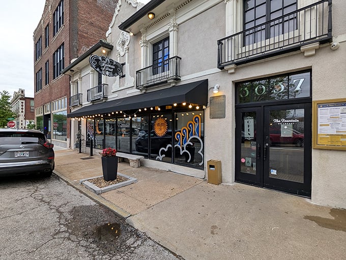 The stately Art Deco façade of The Fountain on Locust stands as a culinary beacon on St. Louis' historic Locust Street, promising retro delights within.