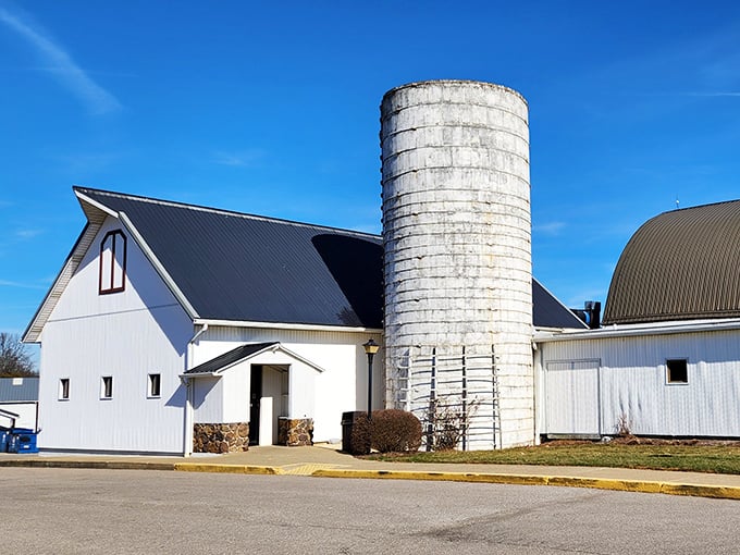 The quintessential American dream – a working barn transformed into a dining destination. That silo isn't storing grain anymore; it's storing delicious memories.