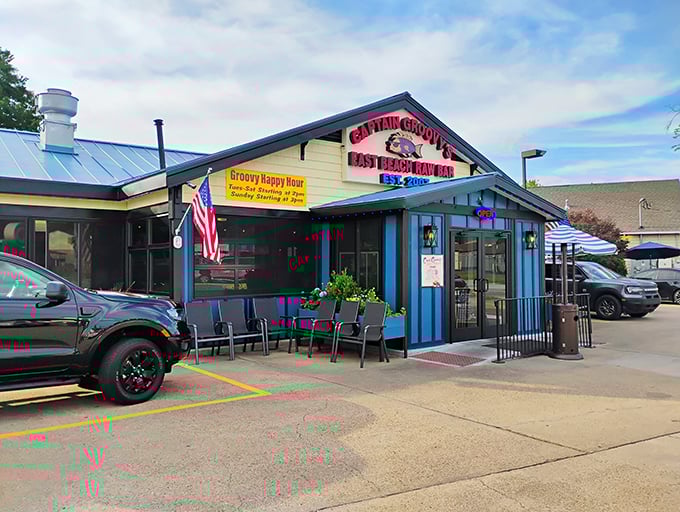The blue-trimmed exterior of Captain Groovy's promises maritime delights within, like a cheerful lighthouse beckoning hungry sailors home.