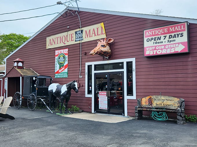 The burgundy barn with its whimsical giraffe head and horse statue isn't just quirky curb appeal—it's a siren call to treasure hunters everywhere.