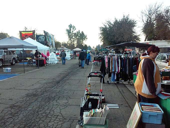 A shopper's paradise under canvas—where treasures await beneath blue-striped tents and California sunshine, proving one person's past is another's perfect find.