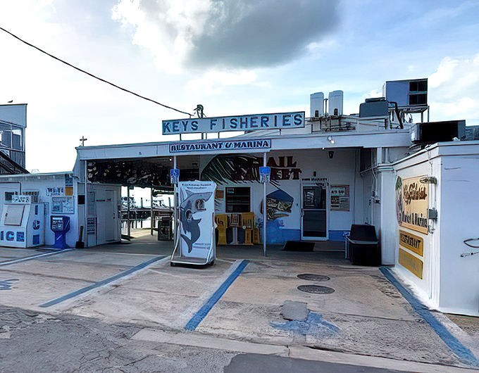 The unassuming entrance to seafood paradise. No fancy frills here—just the promise of ocean-fresh delights waiting beyond those humble doors.