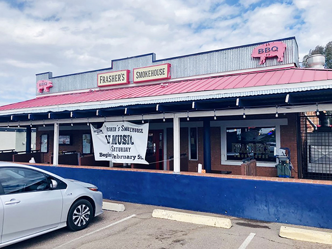 The unassuming red-roofed building with its simple signage is like a barbecue speakeasy – those in the know come flocking for smoky treasures inside.