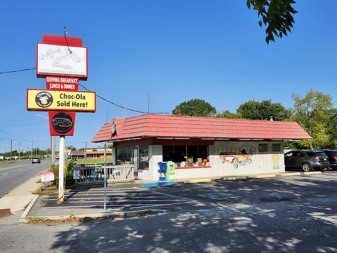 The classic red-roofed exterior stands like a time capsule on Indy's east side. Even the sign proudly announces "Choc-Ola Sold Here!" – a nostalgic nod to simpler times.