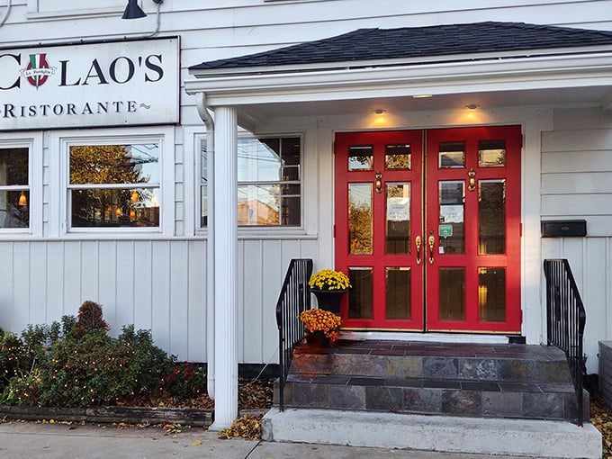 Those iconic red doors aren't just an entrance – they're a portal to pasta paradise in Erie's culinary landscape.