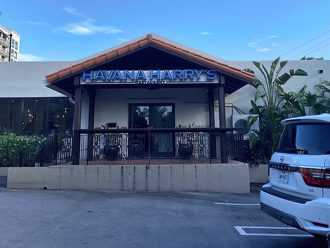 The welcoming entrance to Havana Harry's promises culinary adventures beyond its terra cotta roof and wrought iron railings. Florida sunshine not included, but highly recommended.