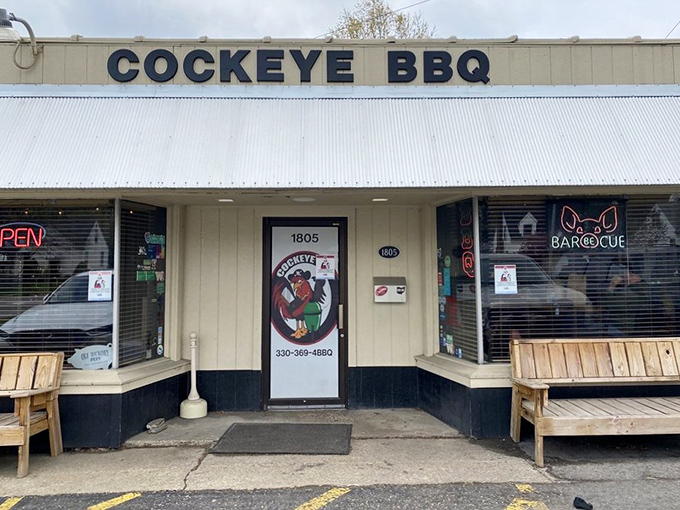 The unassuming facade of Cockeye BBQ proves once again that the best barbecue joints often hide in plain sight, no billboards required.