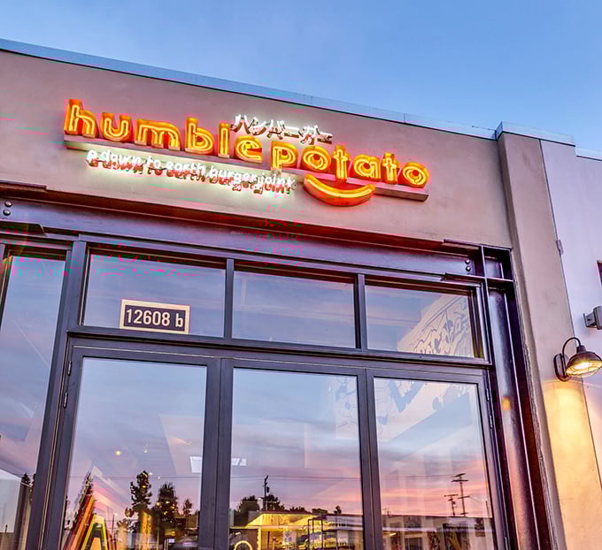 The neon glow of Humble Potato beckons like a burger beacon on Washington Boulevard, promising Japanese-American comfort food that's anything but ordinary.