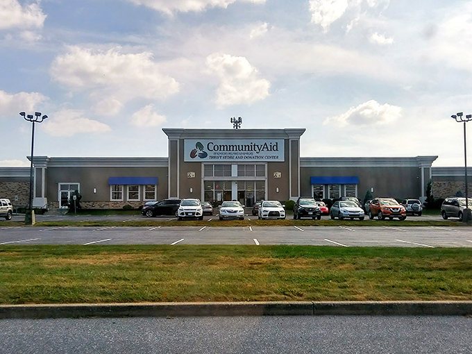 The welcoming facade of CommunityAid stands like a beacon of bargain possibilities under the Pennsylvania sky, promising treasures within.