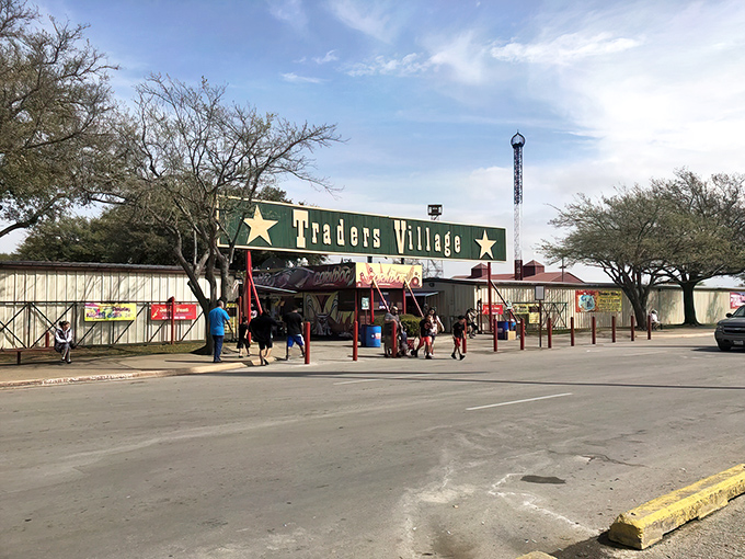 The iconic green and gold entrance sign welcomes bargain hunters to what locals call "The Wild West of Shopping" in Grand Prairie.