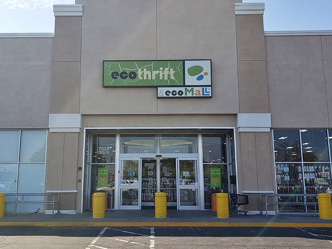 The unassuming beige exterior of Eco Thrift belies the treasure trove within—like finding a gourmet meal at what looks like a greasy spoon.