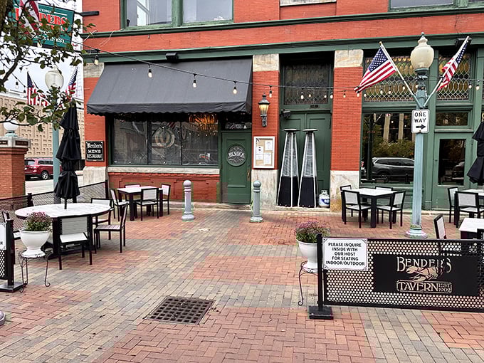 Brick, flags, and history – Bender's Tavern's exterior promises an all-American dining experience that's been perfected over generations in downtown Canton.