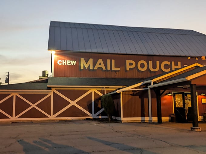 The iconic red barn exterior with its Mail Pouch Tobacco sign and spinning windmill isn't just Instagram-worthy—it's a promise of authentic Midwestern flavor waiting inside.