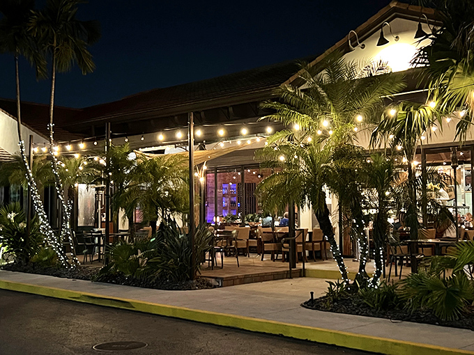 Tropical paradise or seafood haven? At Bimini Twist, palm trees and twinkling lights create the perfect backdrop for an unforgettable Florida evening.