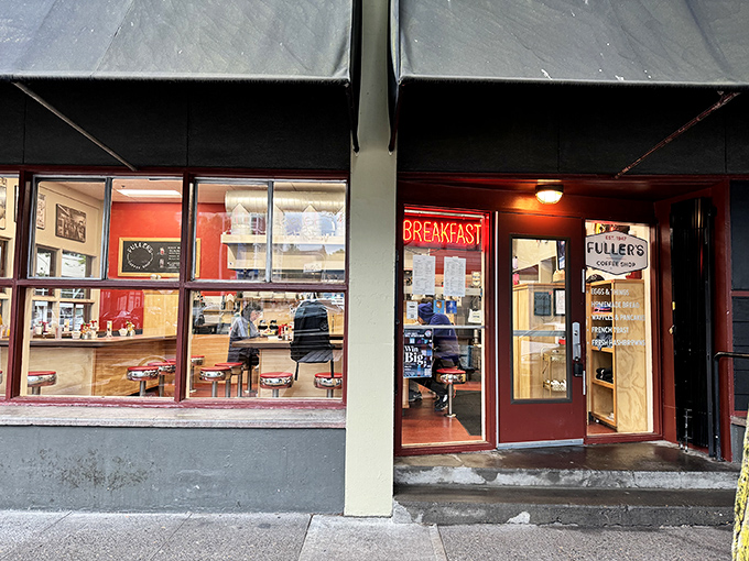 The neon "BREAKFAST" sign in the window isn't just an advertisement—it's a beacon of hope for hungry Portlanders seeking morning salvation.