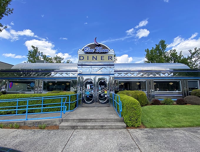 The gleaming chrome exterior of Blue Moon Diner stands like a time machine in Beaverton, beckoning hungry travelers with its classic Americana charm.