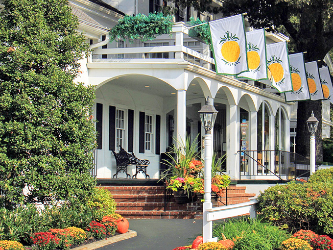 The colonial charm of William Penn Inn welcomes you with its pristine white facade, black shutters, and those cheerful pineapple flags—hospitality's universal symbol since before Instagram made food photos a sport.