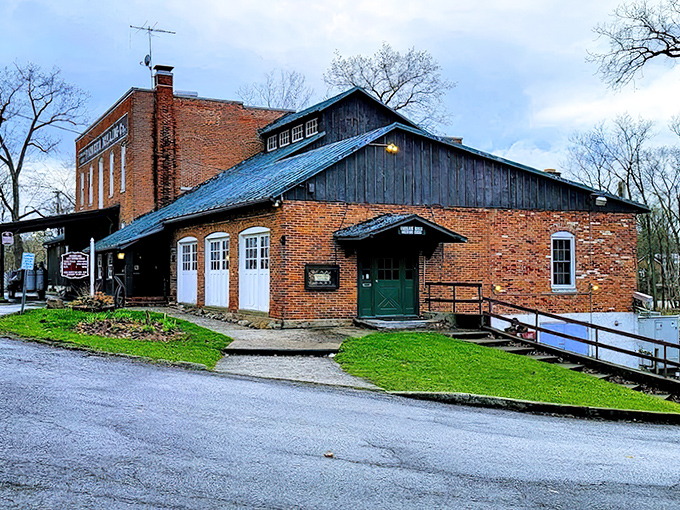 The imposing red brick exterior of Pioneer Mill stands as a testament to Ohio's industrial past, now serving culinary delights instead of grinding grain.